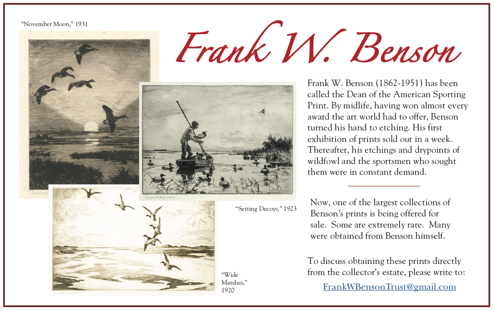 Large Collection of Frank W. Benson Etchings for Sale - Frank W. Benson ...